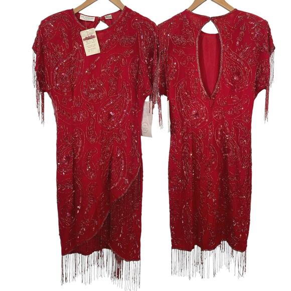 Lew Magram | Dresses | Lew Magram Womens Red Beaded Vintage Silk Dress ...